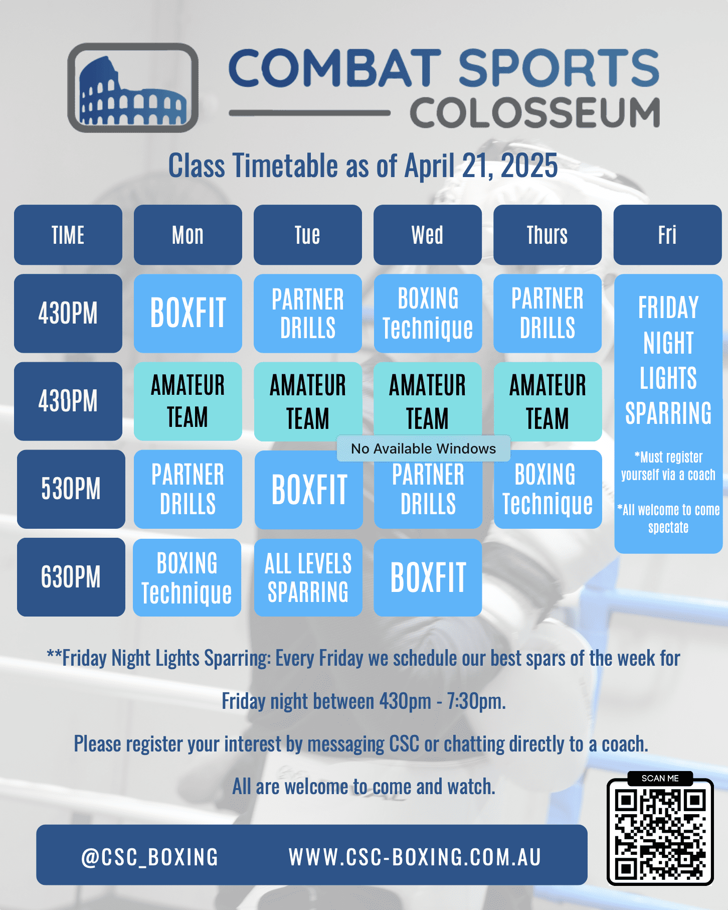 Classes & Times - CSC-Boxing Gym, Australia
